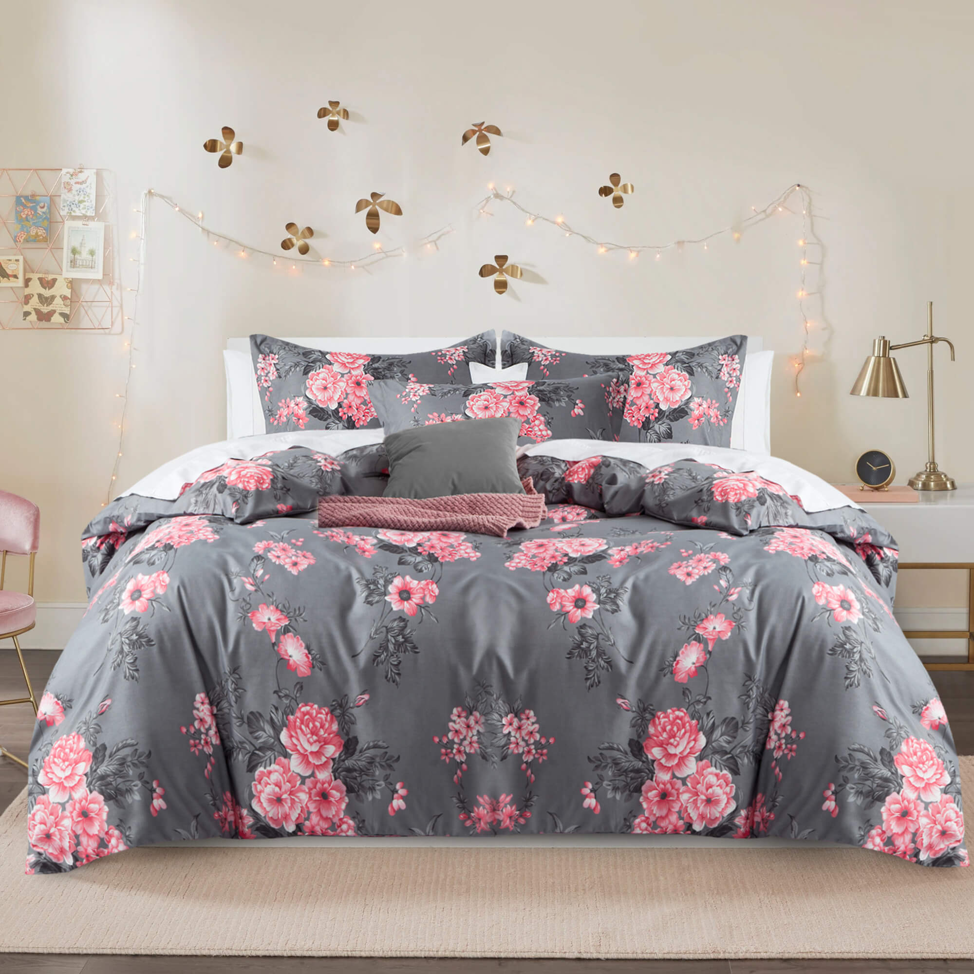 Printed Bouquet Grey Duvet Cover Set